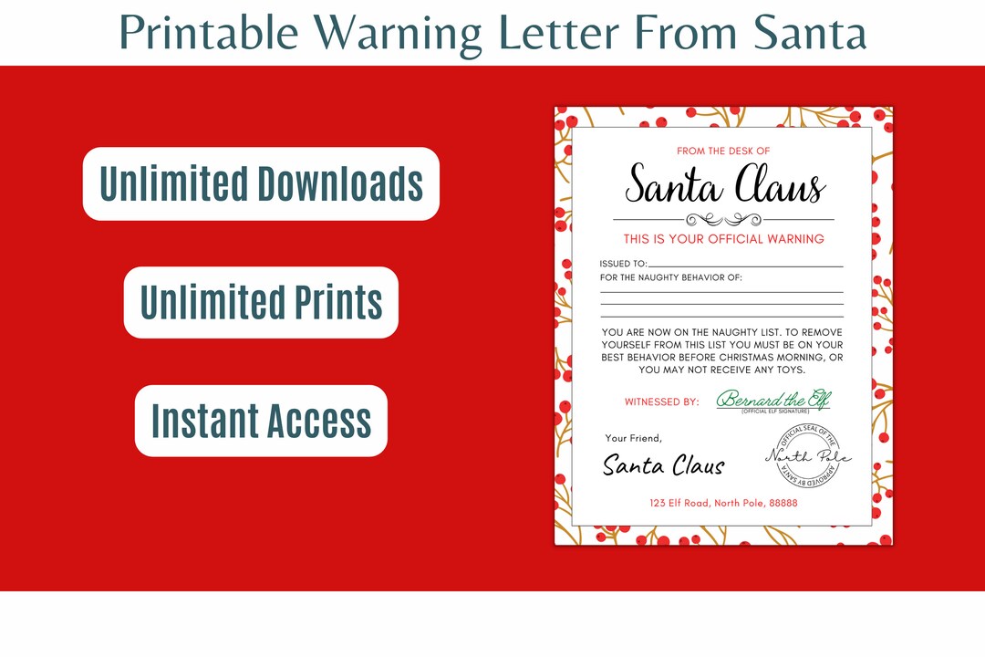 Printable Letter From Santa Claus, Warning Letter, Naughty List Letter ...