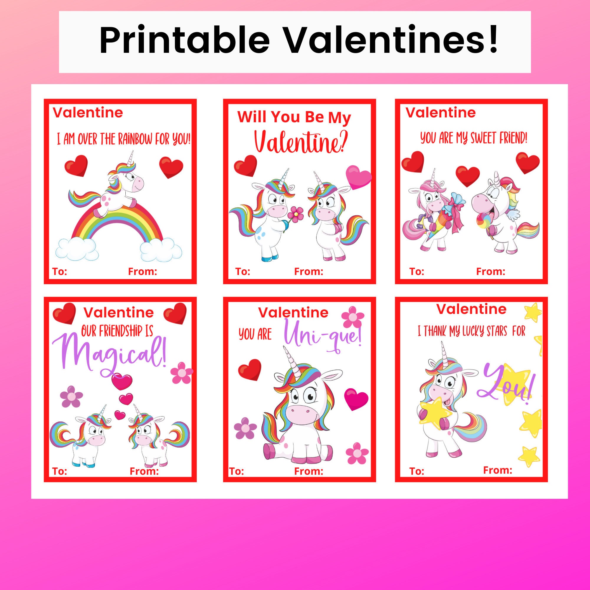 Printable Rainbow Unicorns Valentine's Day Cards for Kids, Instant ...
