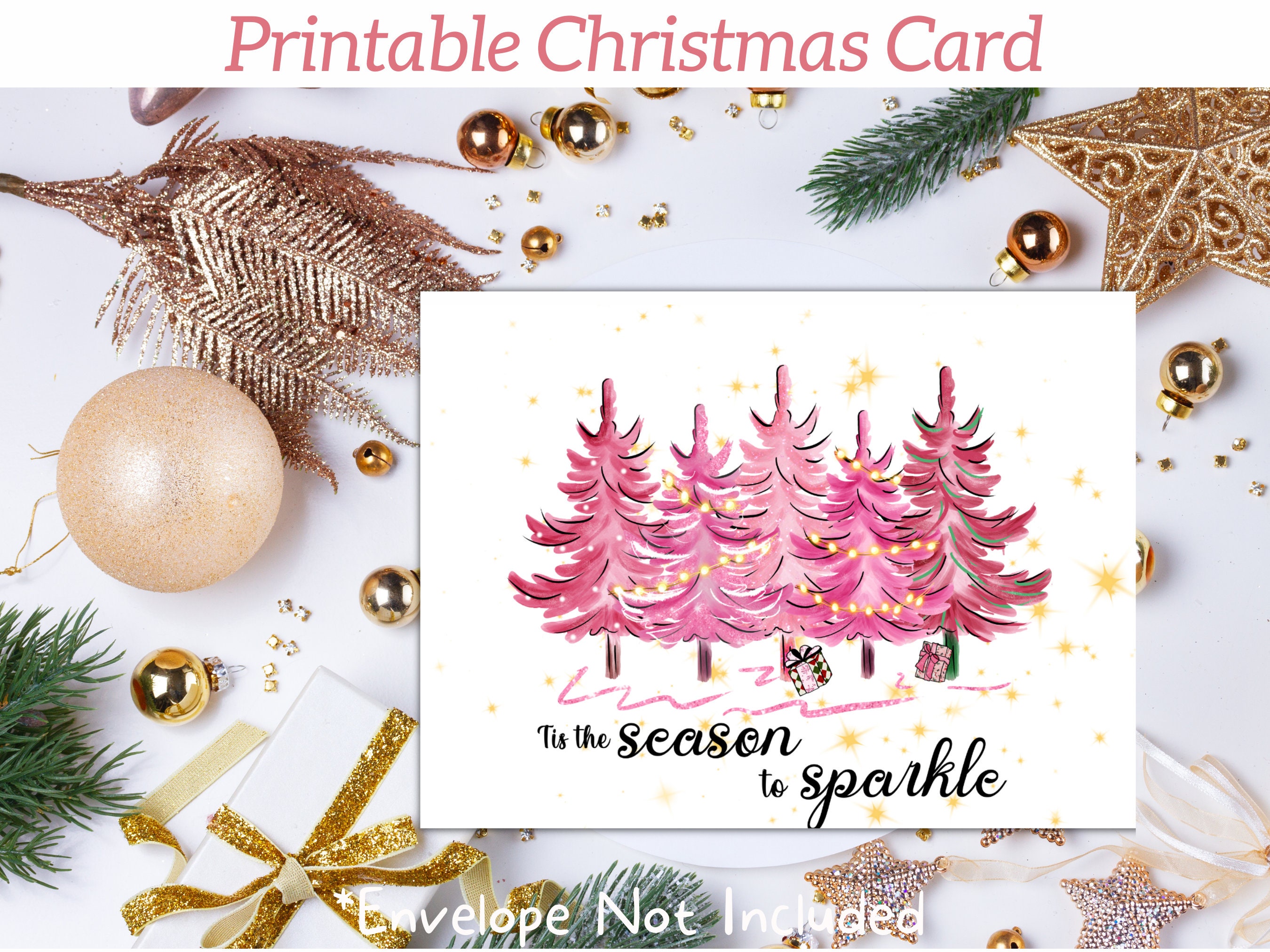 Printable Pink Christmas Card, Girly Card, Sparkly Pink Card, Modern X ...