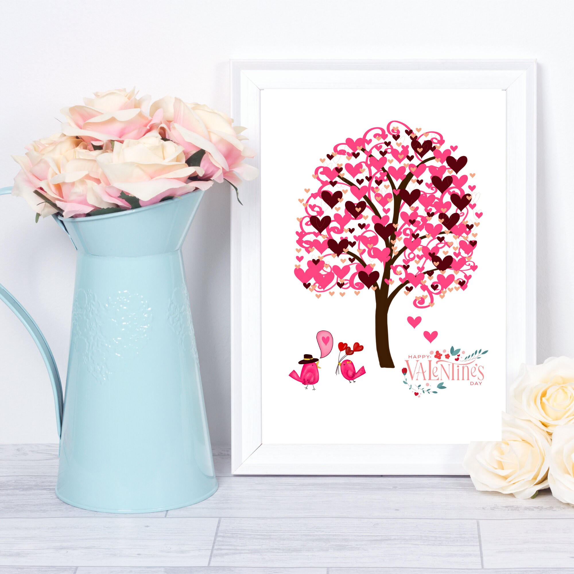 Heart Tree With Love Birds Valentine's Day Art Printable, Instant ...