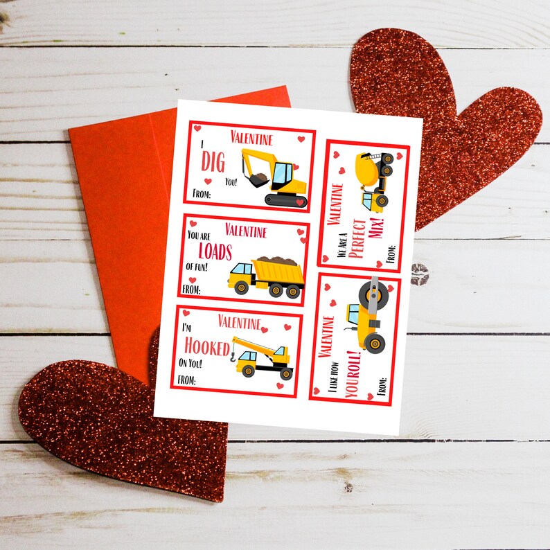 Printable Construction Themed Valentine's Day Cards for Kids, Instant ...