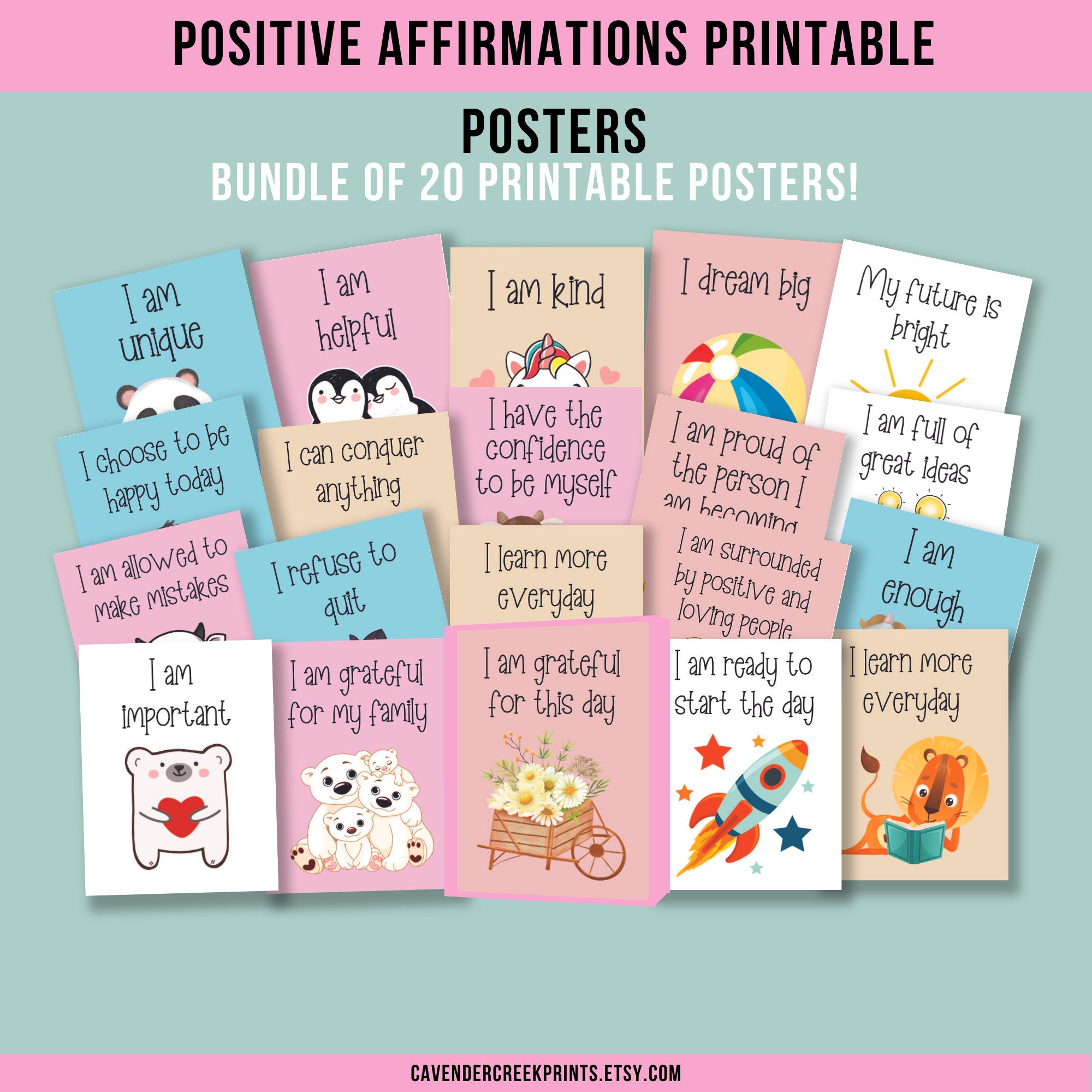 Printable Positive Affirmations Wall Art Bundle Colorful Kids Room and ...