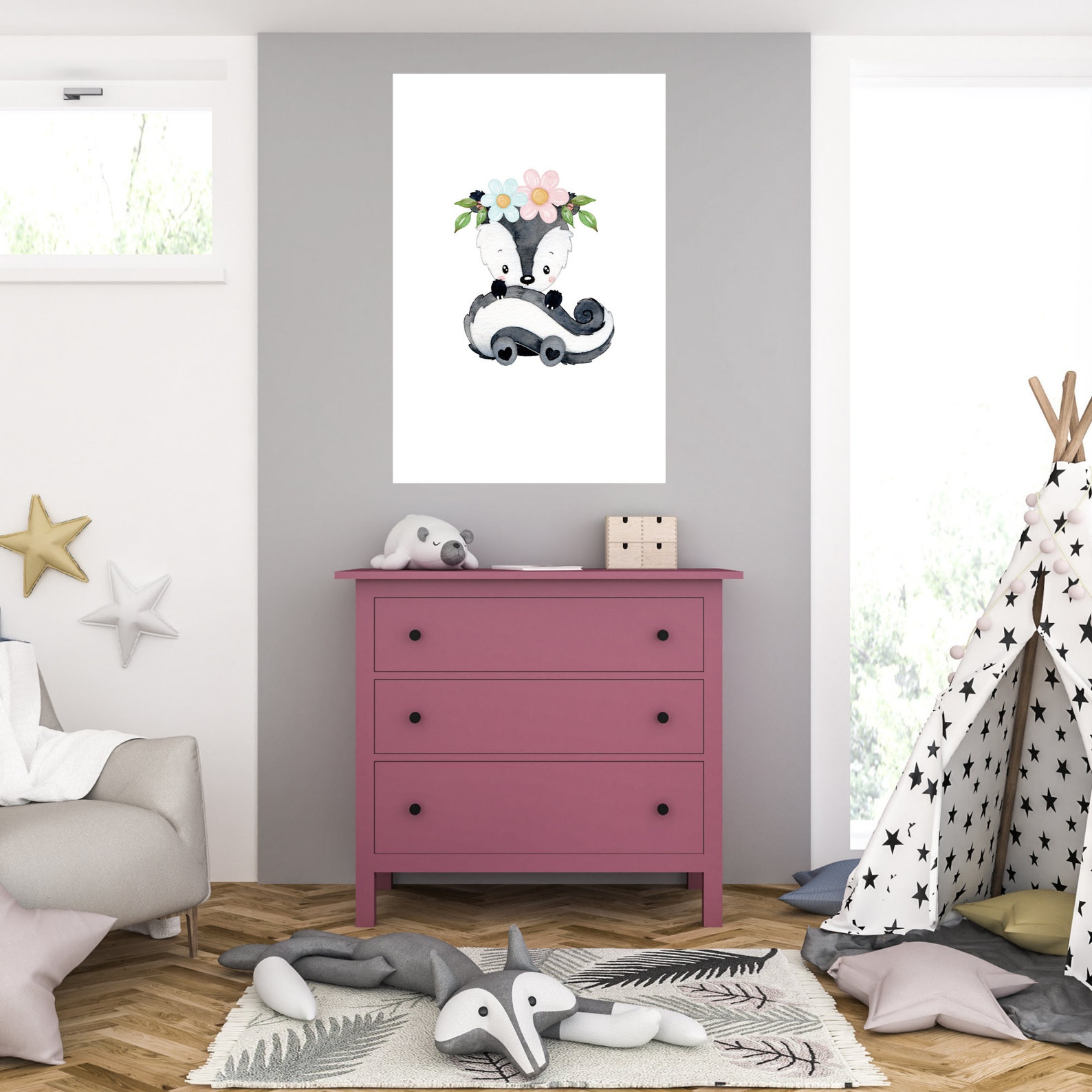 Baby Skunk Printable Nursery Wall Art, Forest Animal Print, Playroom ...