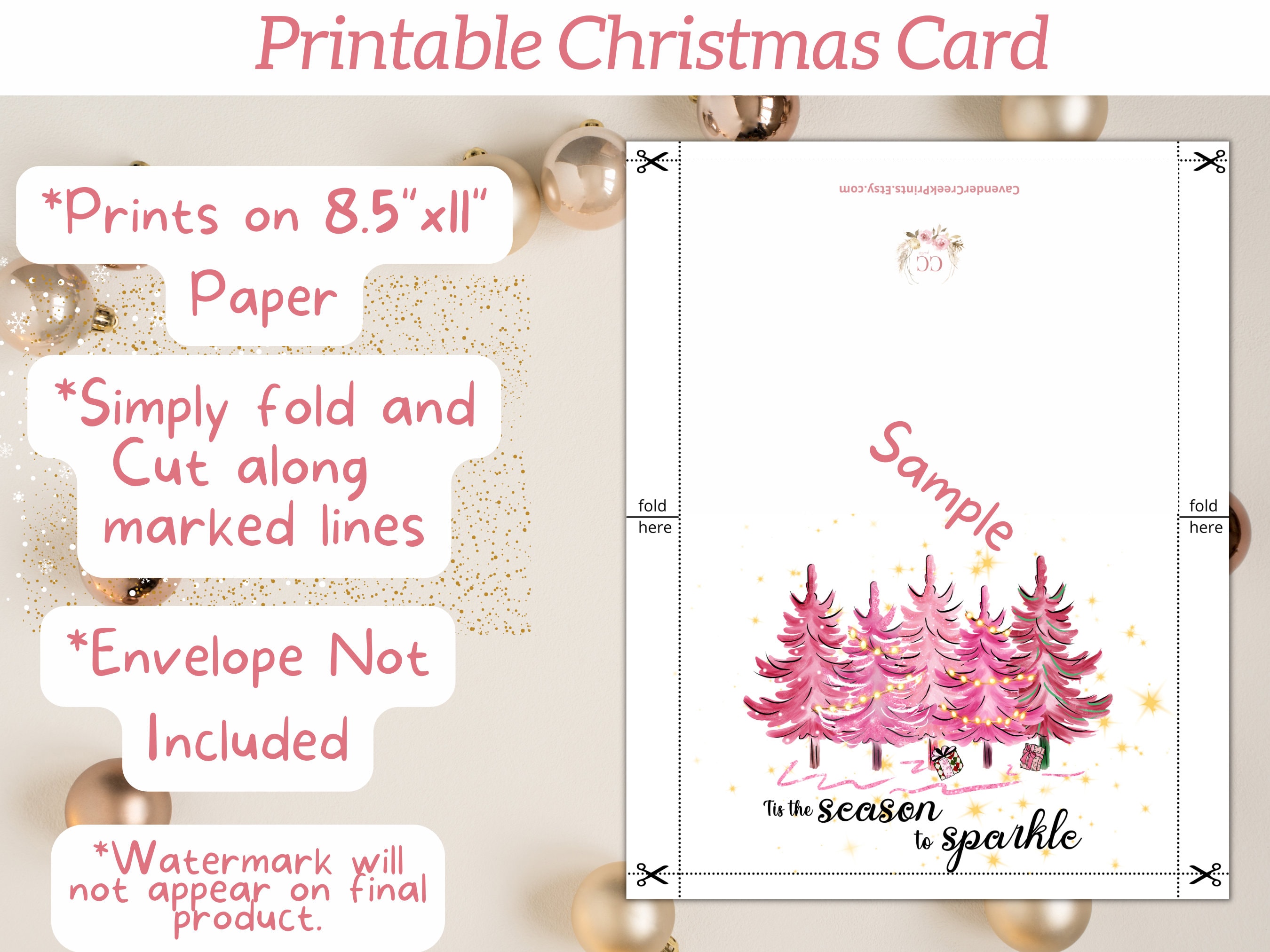 Printable Pink Christmas Card, Girly Card, Sparkly Pink Card, Modern X ...