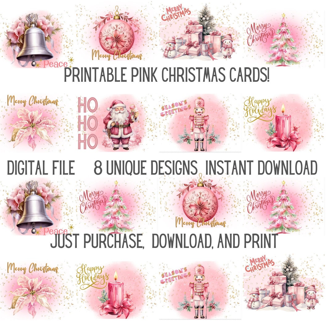 Printable Pink Christmas Card Bundle , Digital Download, Unique Holiday ...