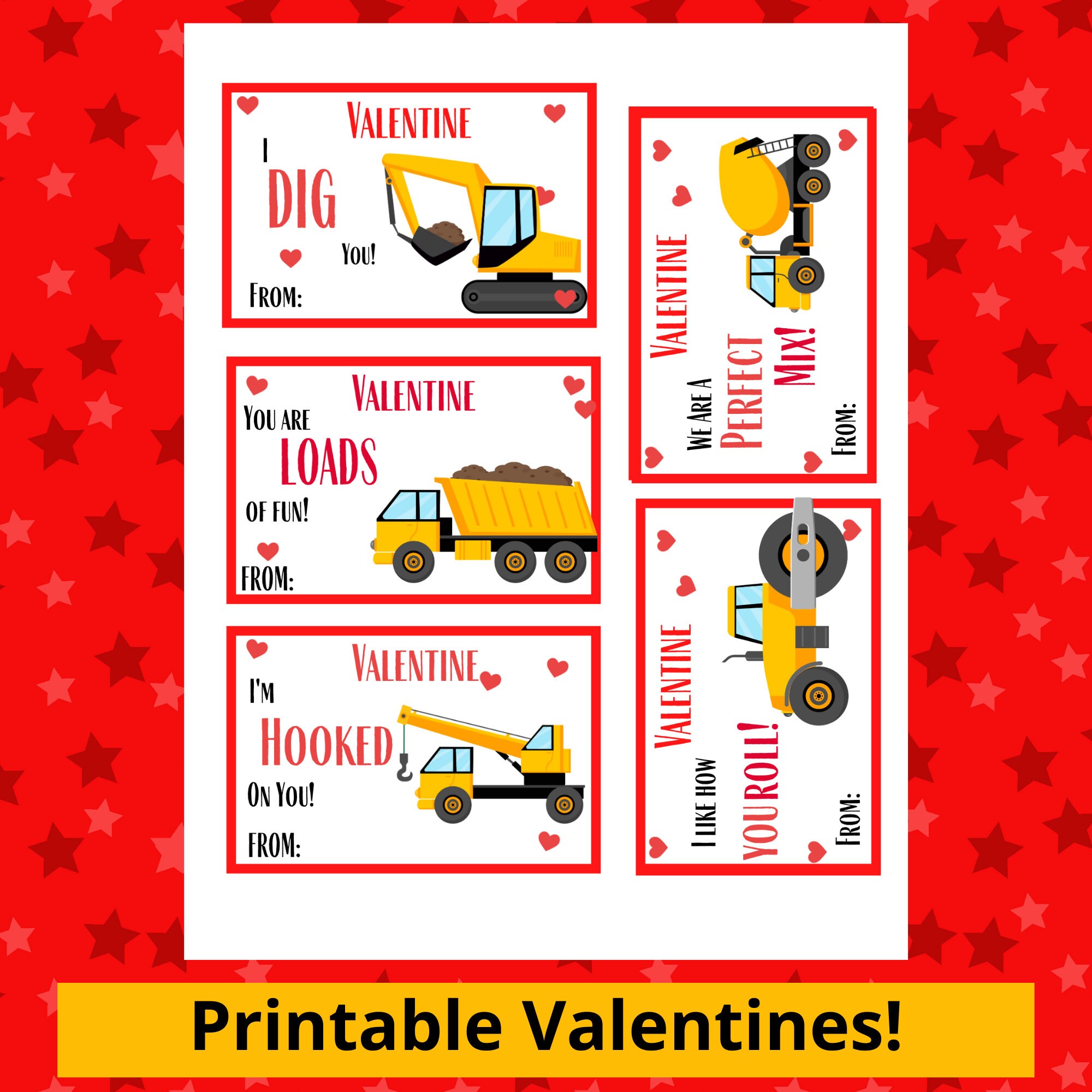 Printable Construction Themed Valentine's Day Cards for Kids, Instant ...