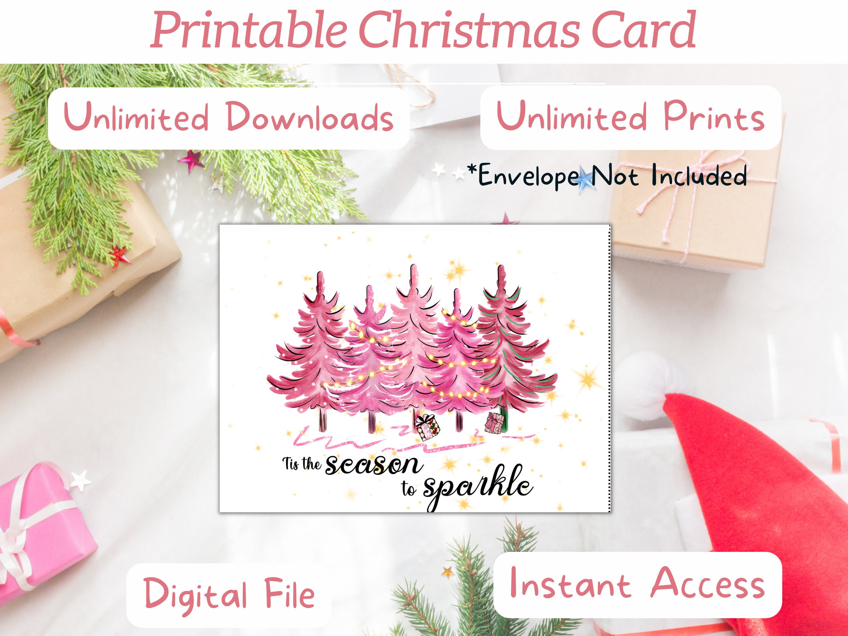 Printable Pink Christmas Card, Girly Card, Sparkly Pink Card, Modern X ...
