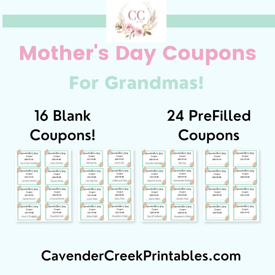 Mothers Day Coupons for Grandma, Printable Coupons, Grandparent Gift ...