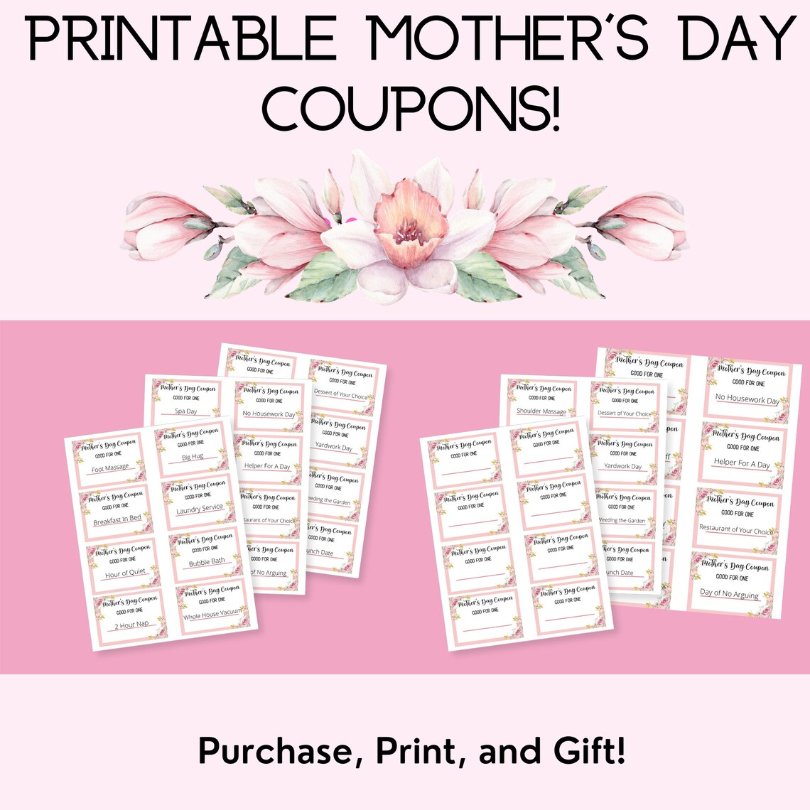 Happy Mother's Day Printable Coupons, Coupon Gift, Last Minute Gift ...