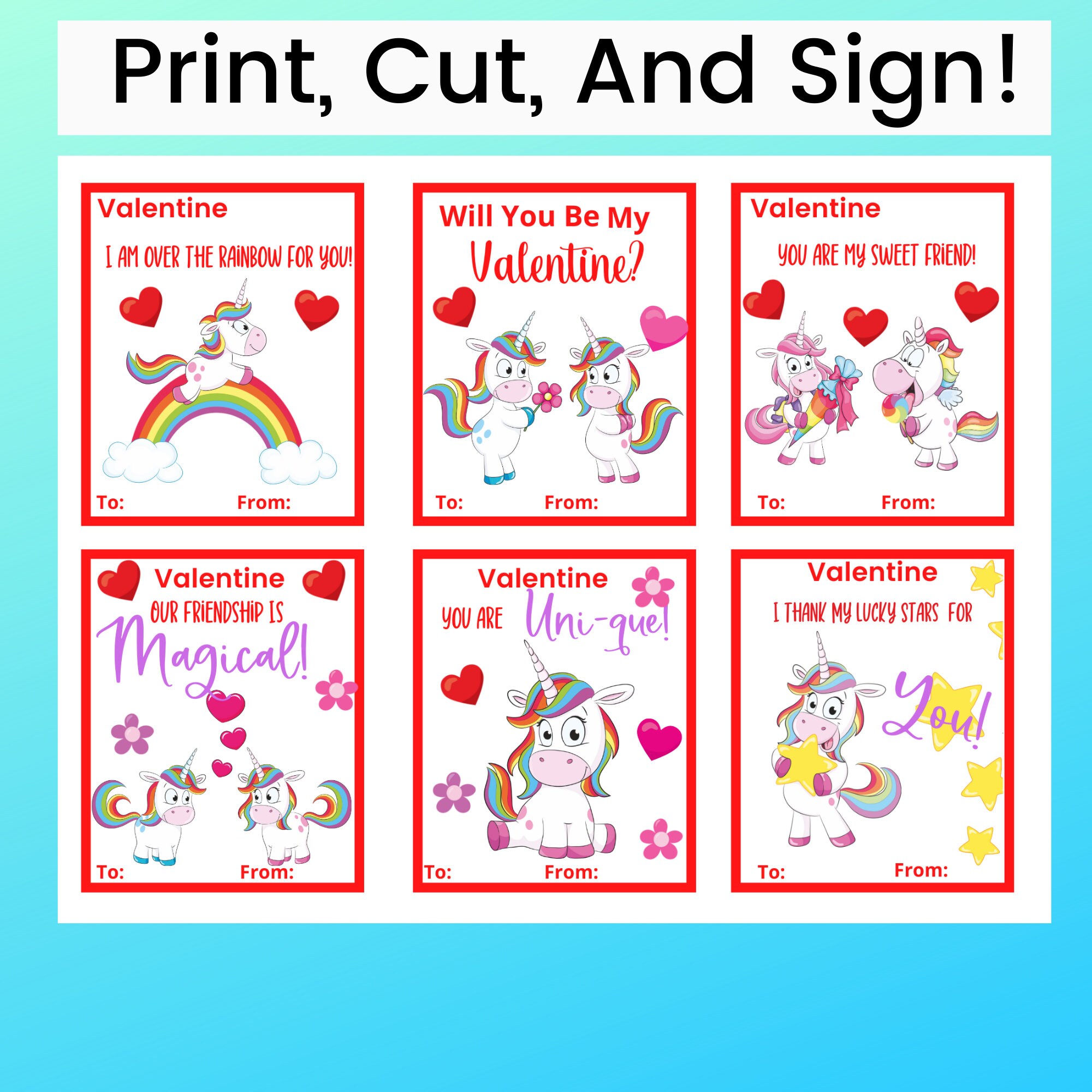 Printable Rainbow Unicorns Valentine's Day Cards for Kids, Instant ...