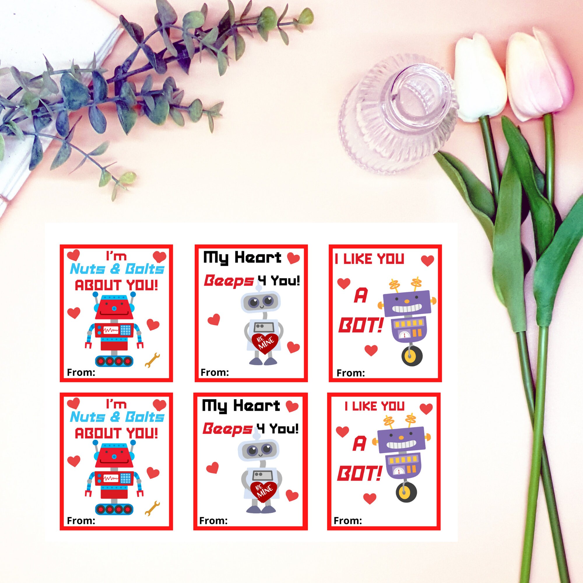 Robot Printable Valentine's Day Cards for Kids, Instant Download, DIY ...