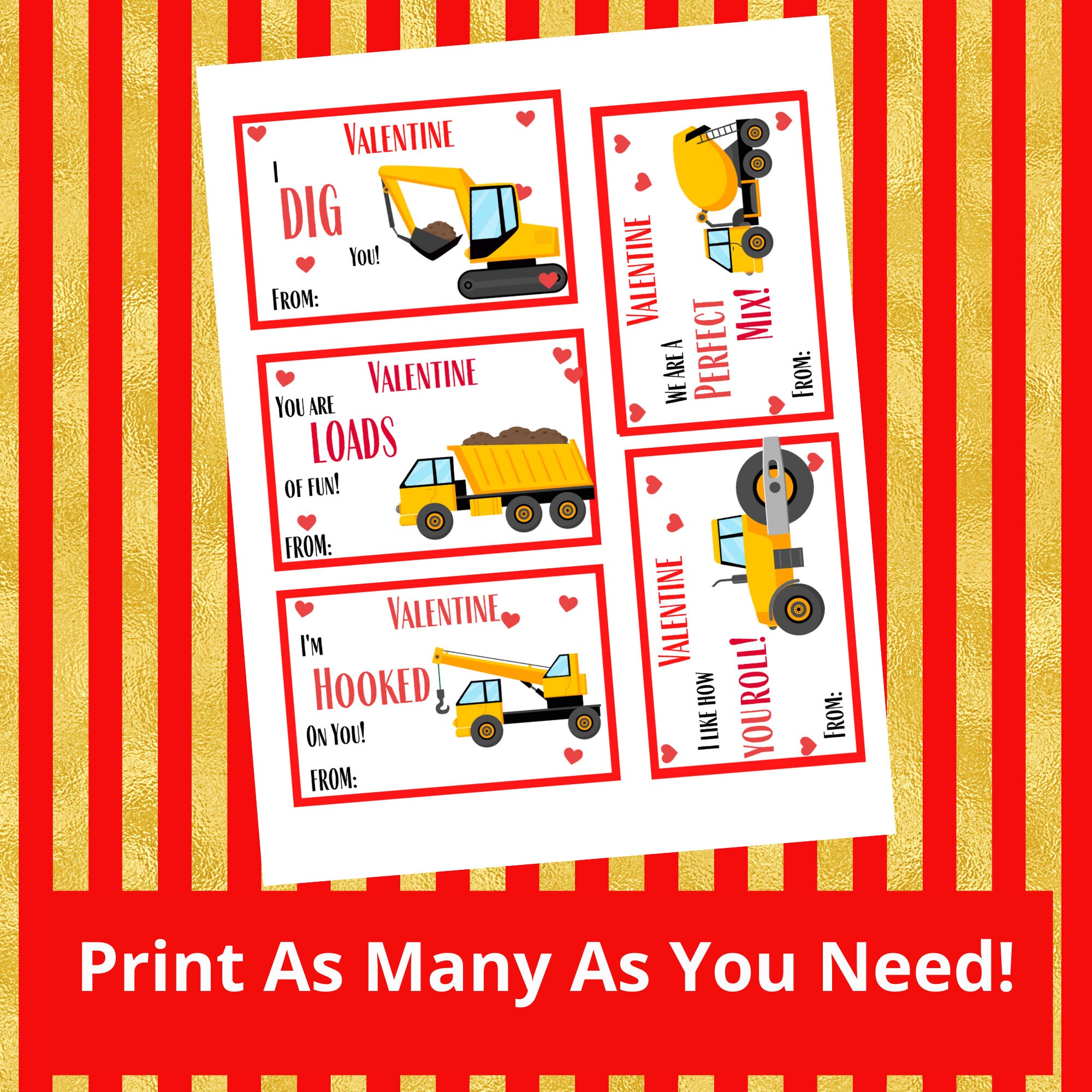 Printable Construction Themed Valentine's Day Cards for Kids, Instant ...