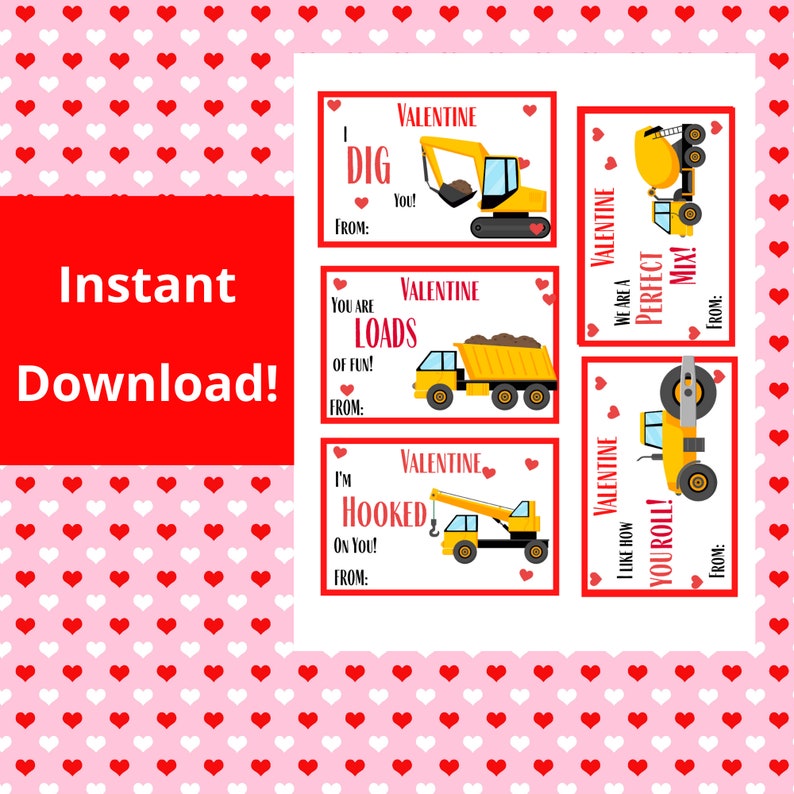 Printable Construction Themed Valentine's Day Cards for Kids, Instant ...