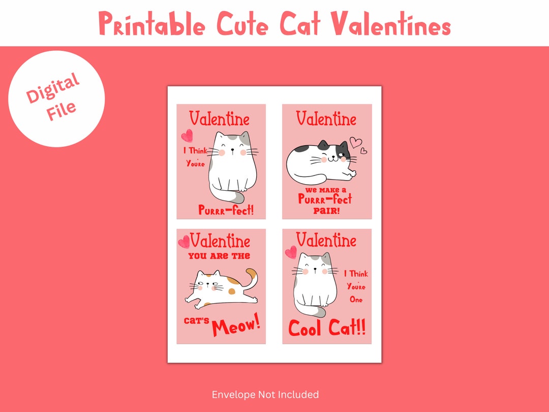 Cool Cat Valentine Cards for Kids, Printable Valentines, Classroom ...