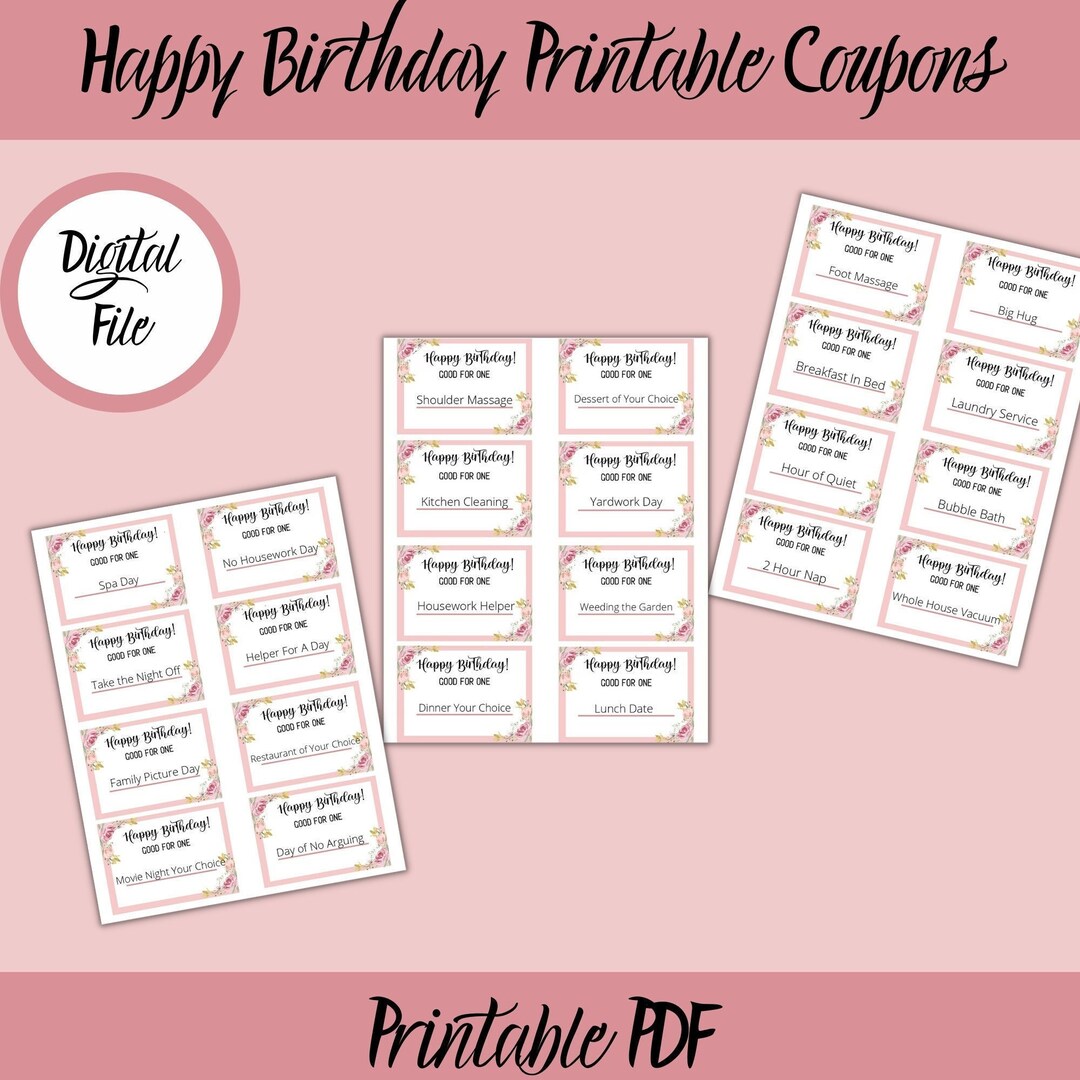 Happy Birthday Printable Coupons, Coupon Gift, Last Minute Gift, Gift ...