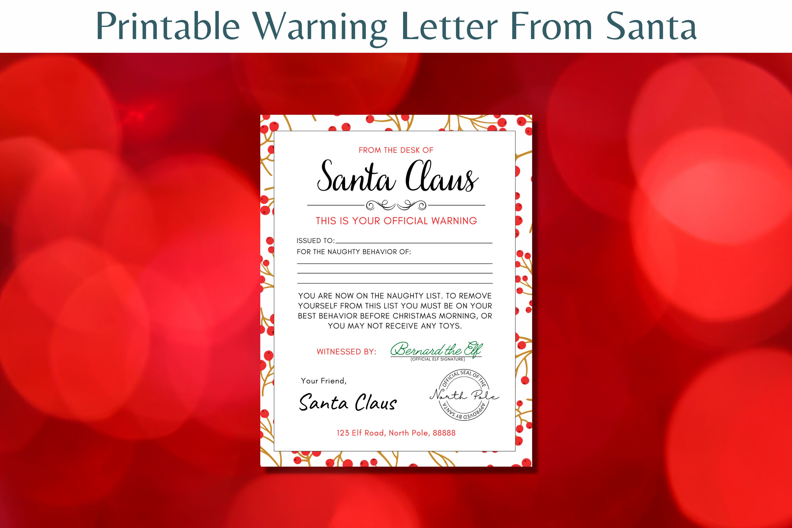 Printable Letter From Santa Claus Warning Letter Naughty - Etsy