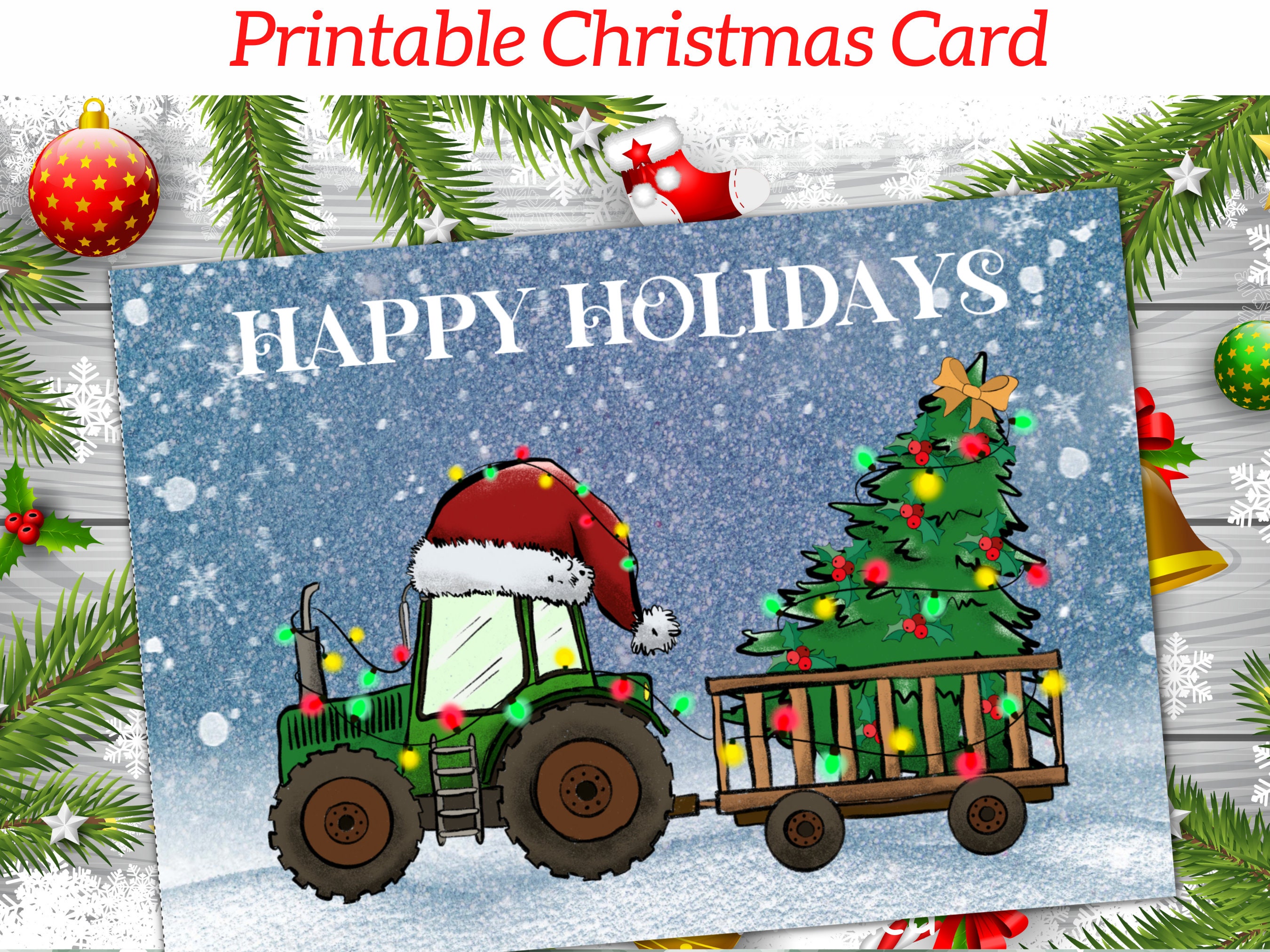 Printable Tractor Christmas Card, Christmas Tree Card, Peace on Earth ...
