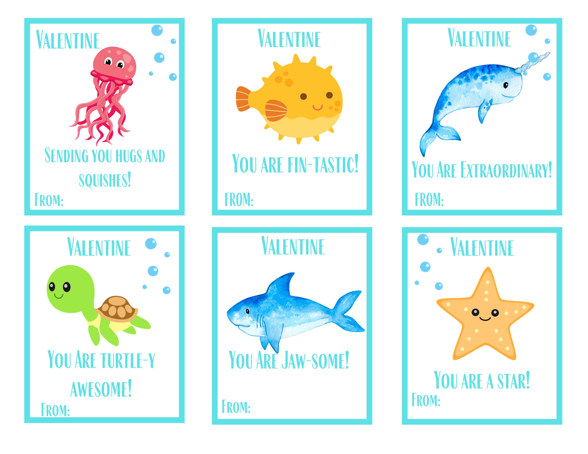Printable Sea Life Valentine's Day Cards for Kids, Instant Download ...