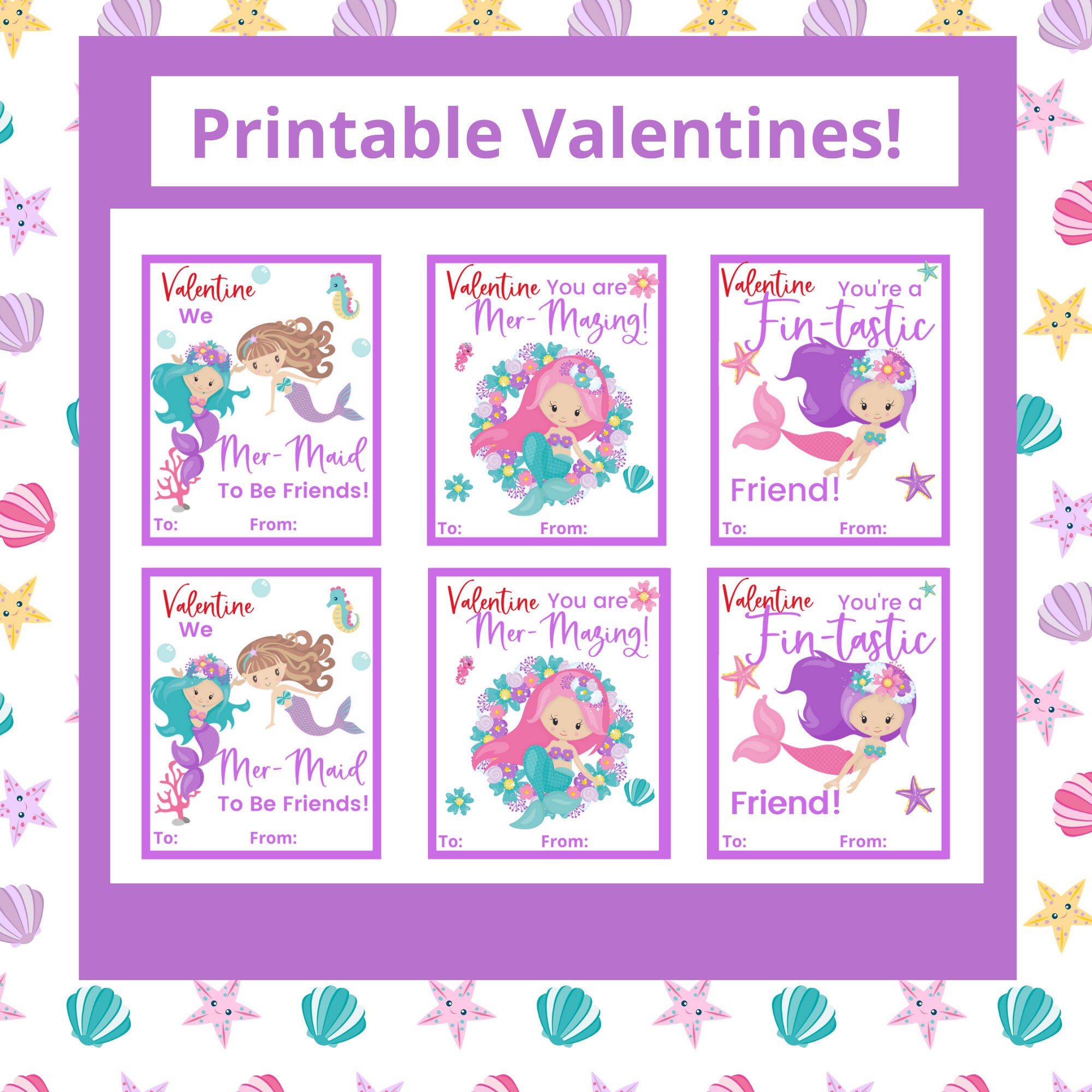 Printable Mermaid Valentine's Day Cards for Kids, Instant Download, DIY ...