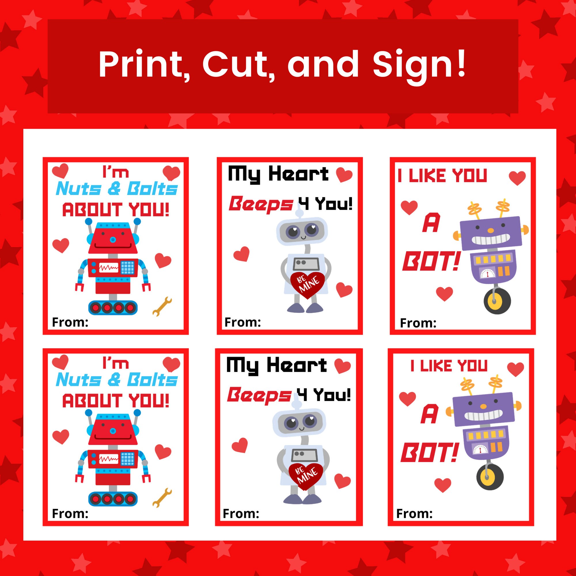 Robot Printable Valentine's Day Cards for Kids, Instant Download, DIY ...