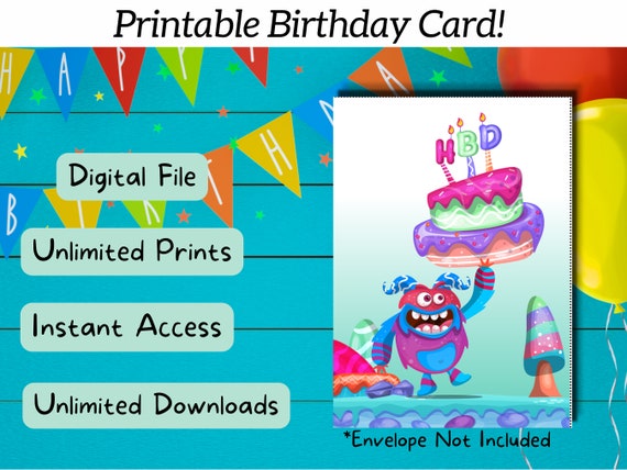 Printable Monster Birthday Card Kids Birthday Card Funny - Etsy