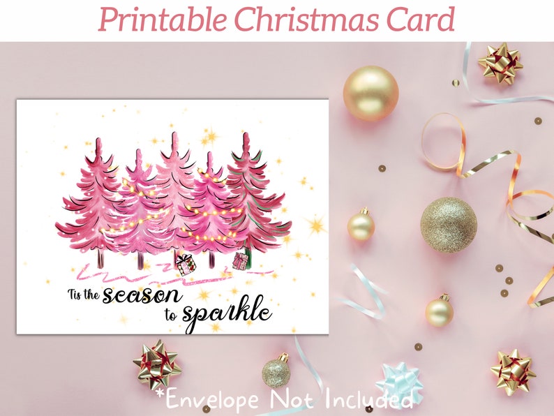 Printable Pink Christmas Card, Girly Card, Sparkly Pink Card, Modern X ...