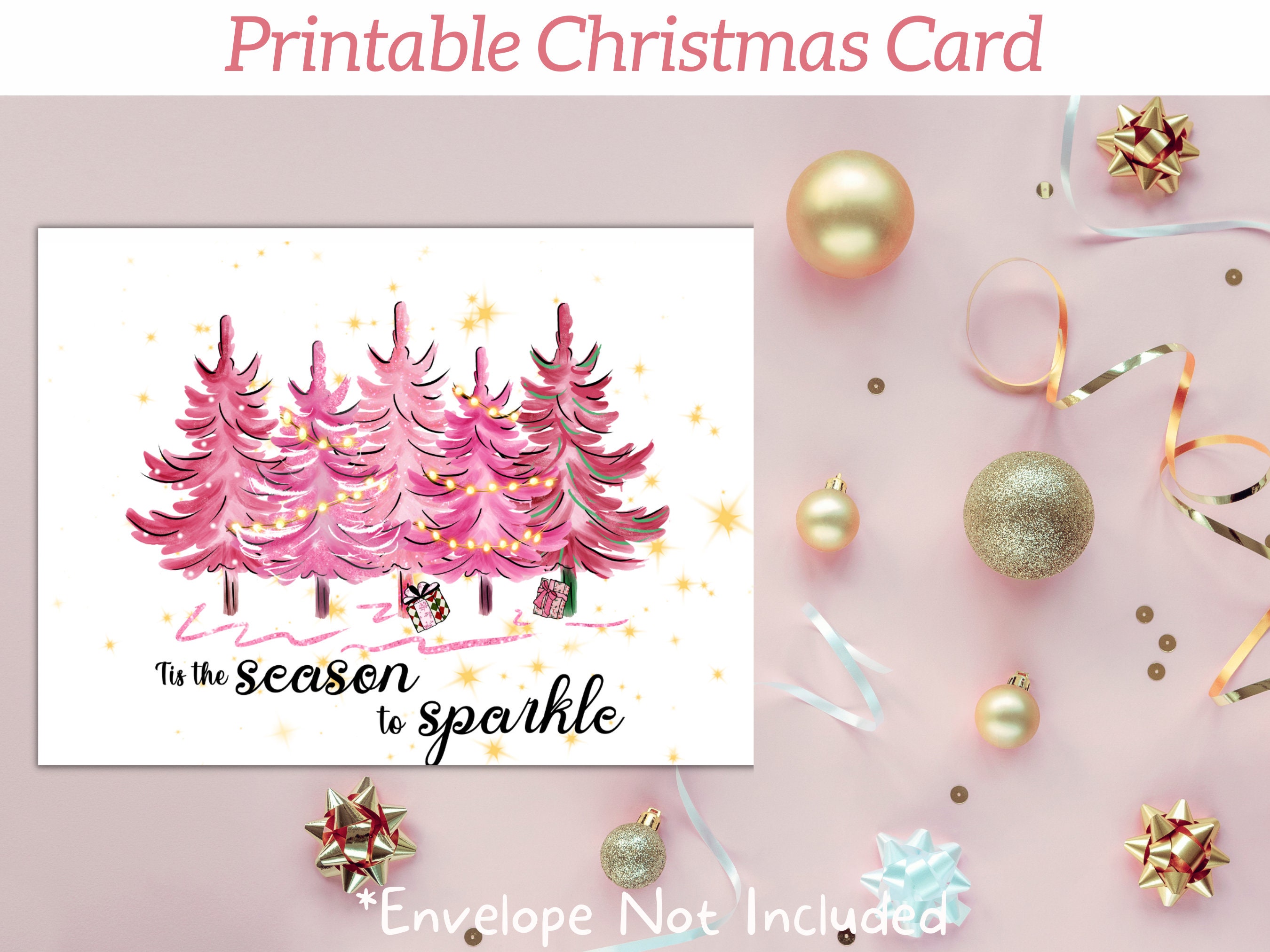 Printable Pink Christmas Card, Girly Card, Sparkly Pink Card, Modern X ...