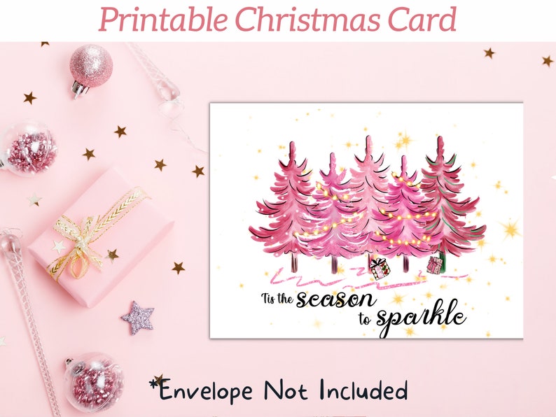 Printable Pink Christmas Card, Girly Card, Sparkly Pink Card, Modern X ...
