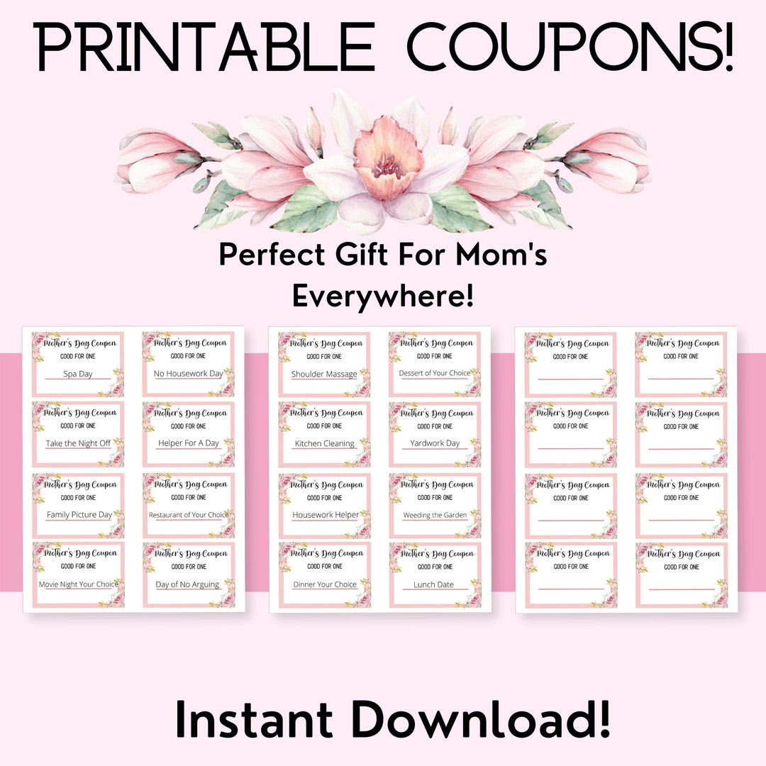Happy Mother's Day Printable Coupons, Coupon Gift, Last Minute Gift ...