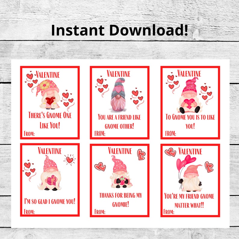 Printable Gnome Valentine's Day Cards for Kids, Gnome Valentine's Day ...
