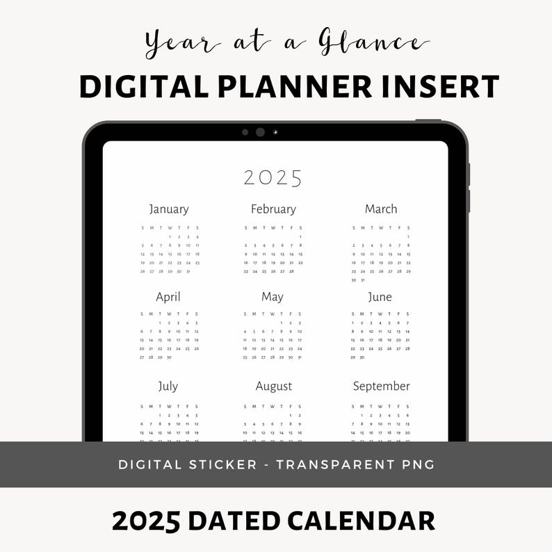 2025 Yearly Calendar Digital Planner Insert | Transparent PNG | Digital ...
