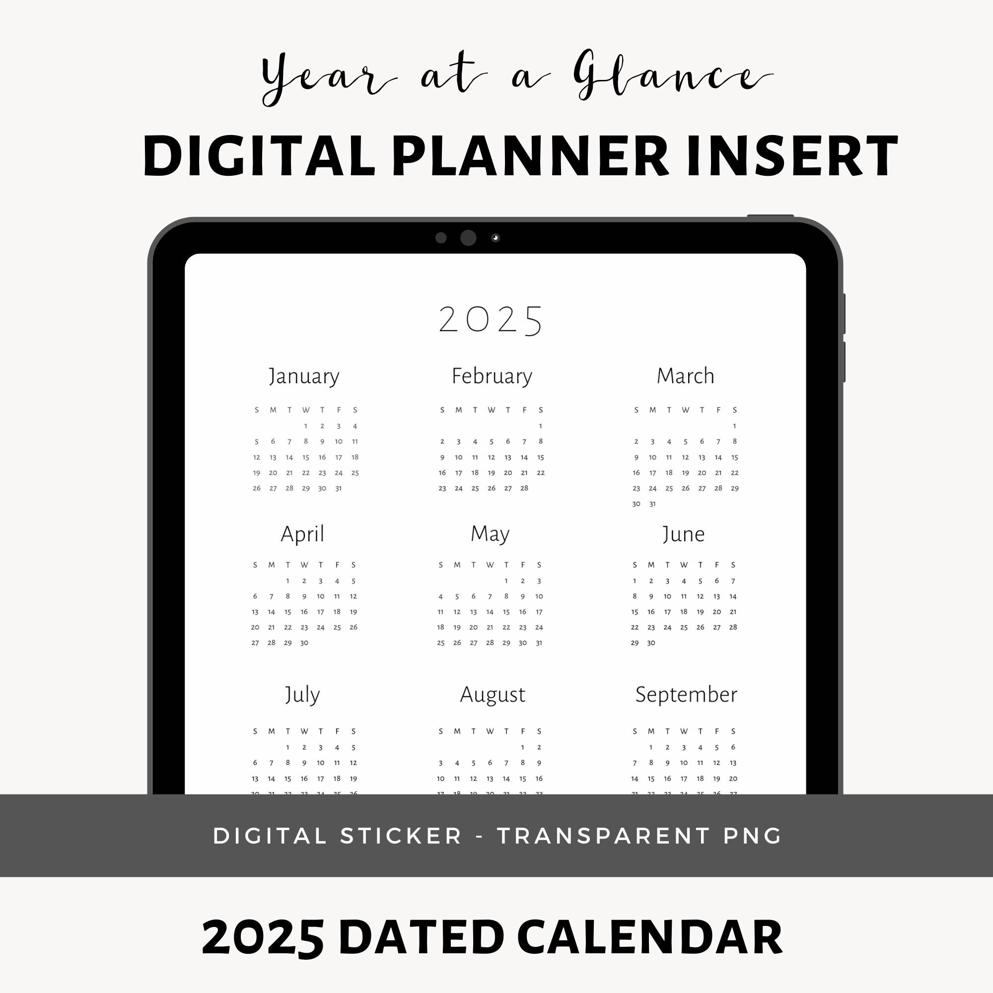 2025 Yearly Calendar Digital Planner Insert | Transparent PNG | Digital ...