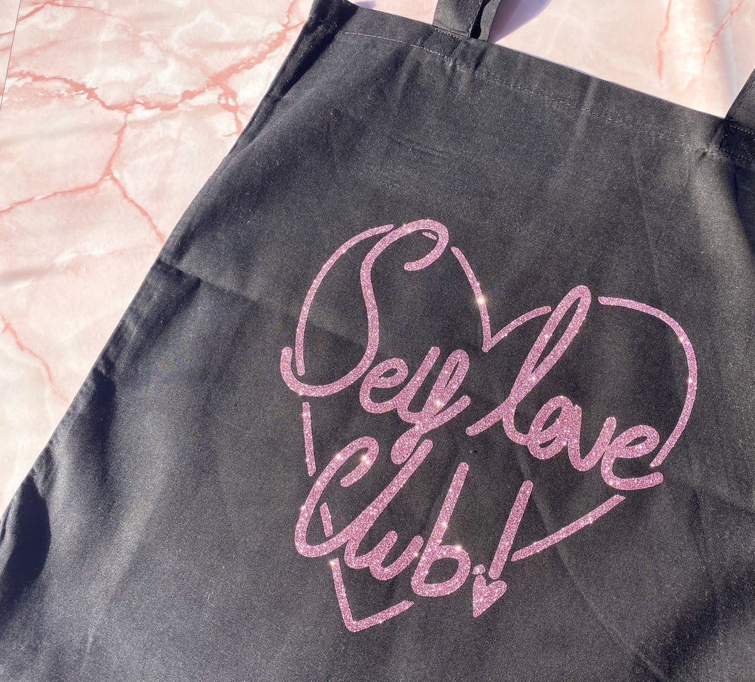 BLACK GLITTERY TOTEBAG | Self Love Tote Bag | Pink Sparkly Reusable Bag ...