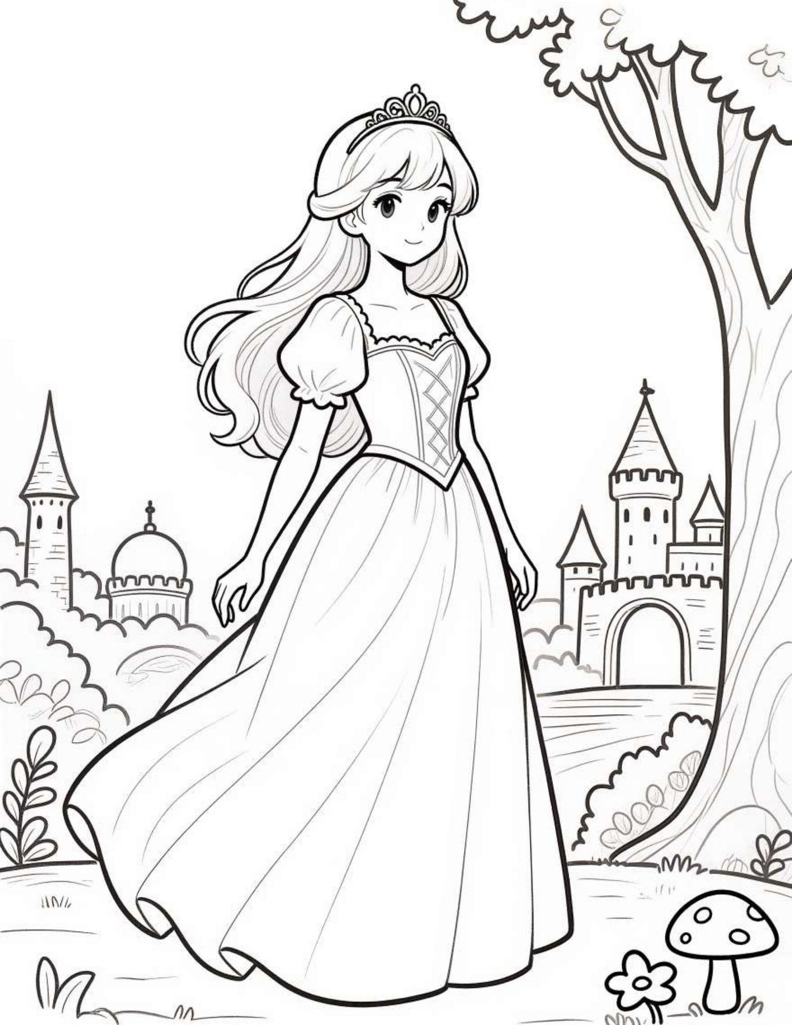 Princess Coloring Pages – Outline Only, No Shading, Fairytale Forest ...