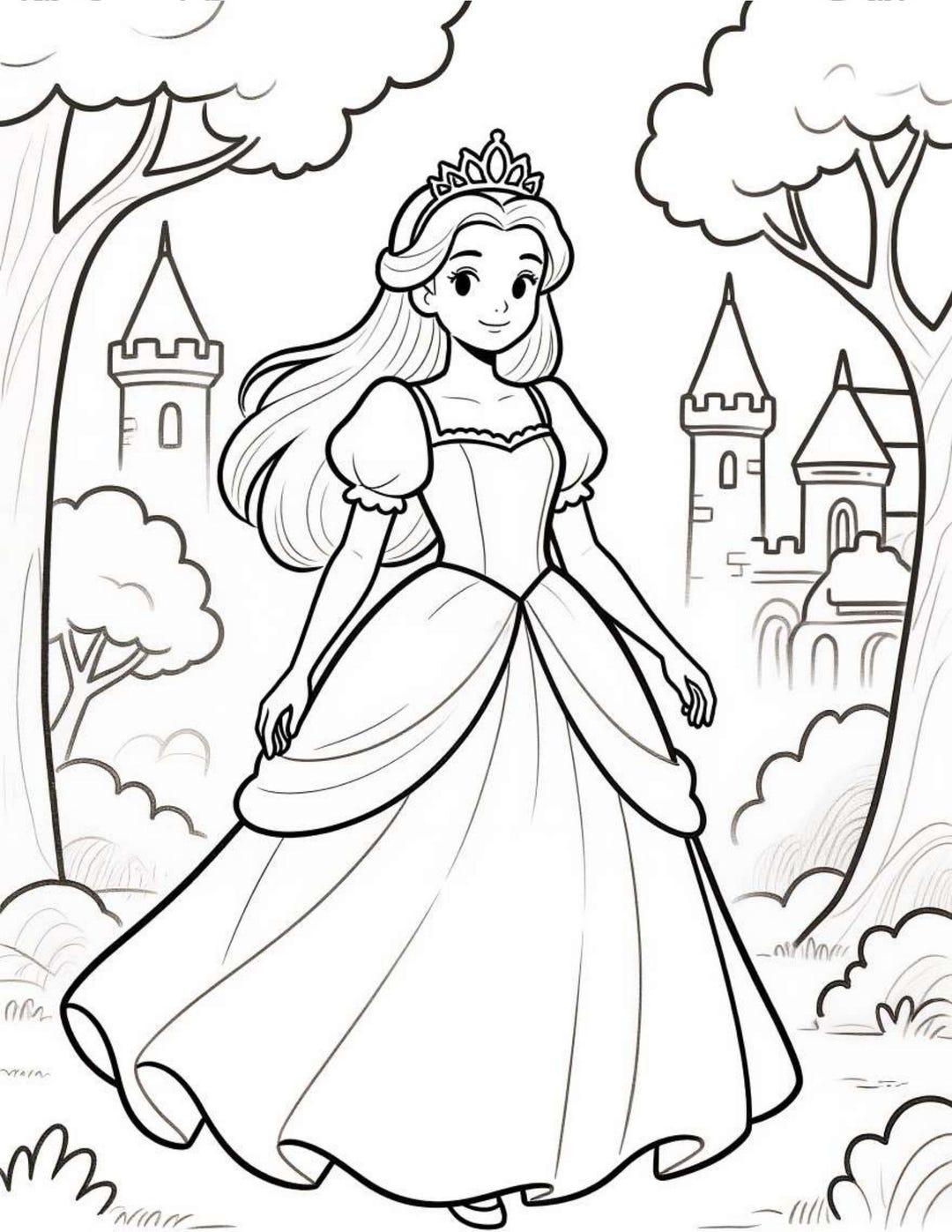 Princess Coloring Pages – Outline Only, No Shading, Fairytale Forest ...