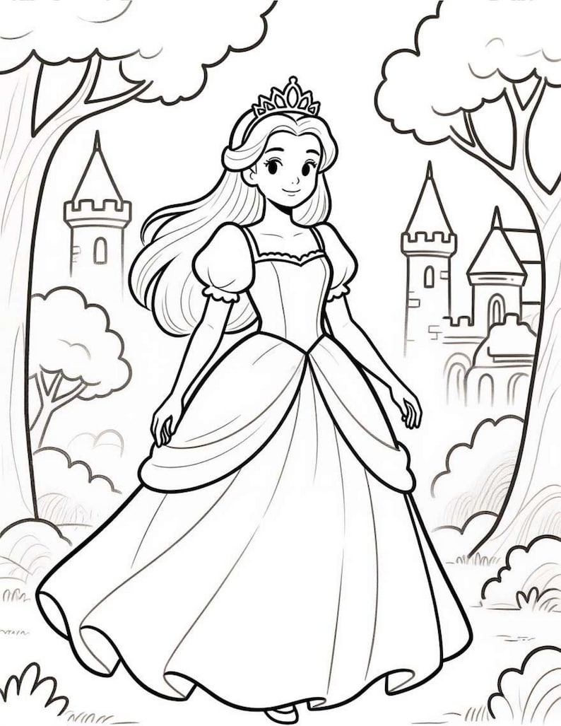 Princess Coloring Pages – Outline Only, No Shading, Fairytale Forest ...