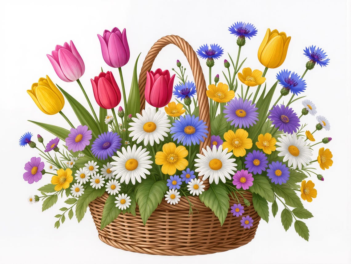 Flower Basket Clipart Set, 12 Watercolor Floral Basket PNG, Transparent ...