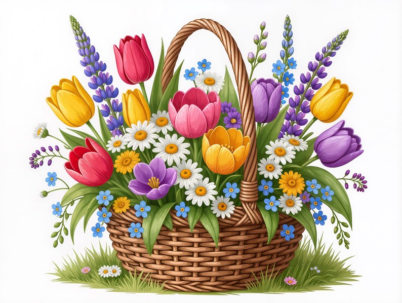 Flower Basket Clipart Set, 12 Watercolor Floral Basket PNG, Transparent ...