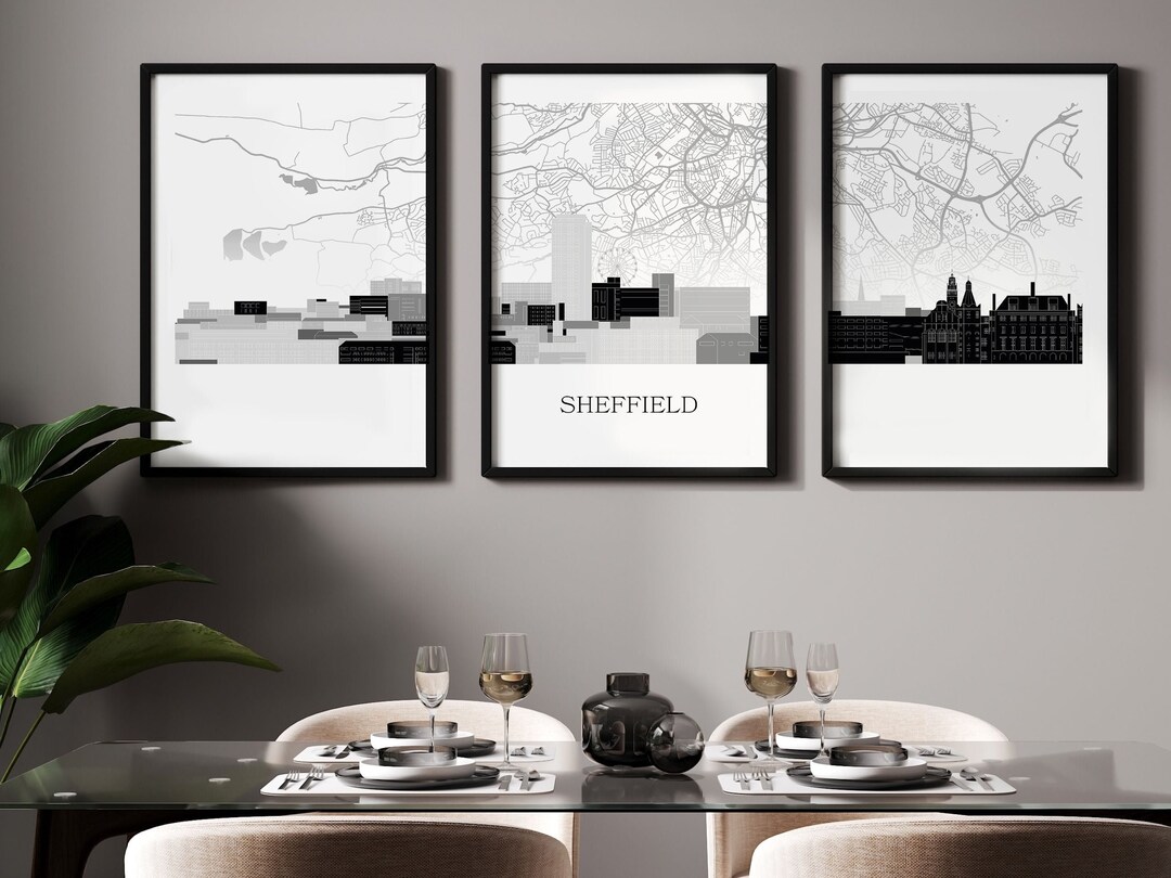 Sheffield Triptych, Sheffield Skyline With a Map, Sheffield Poster ...
