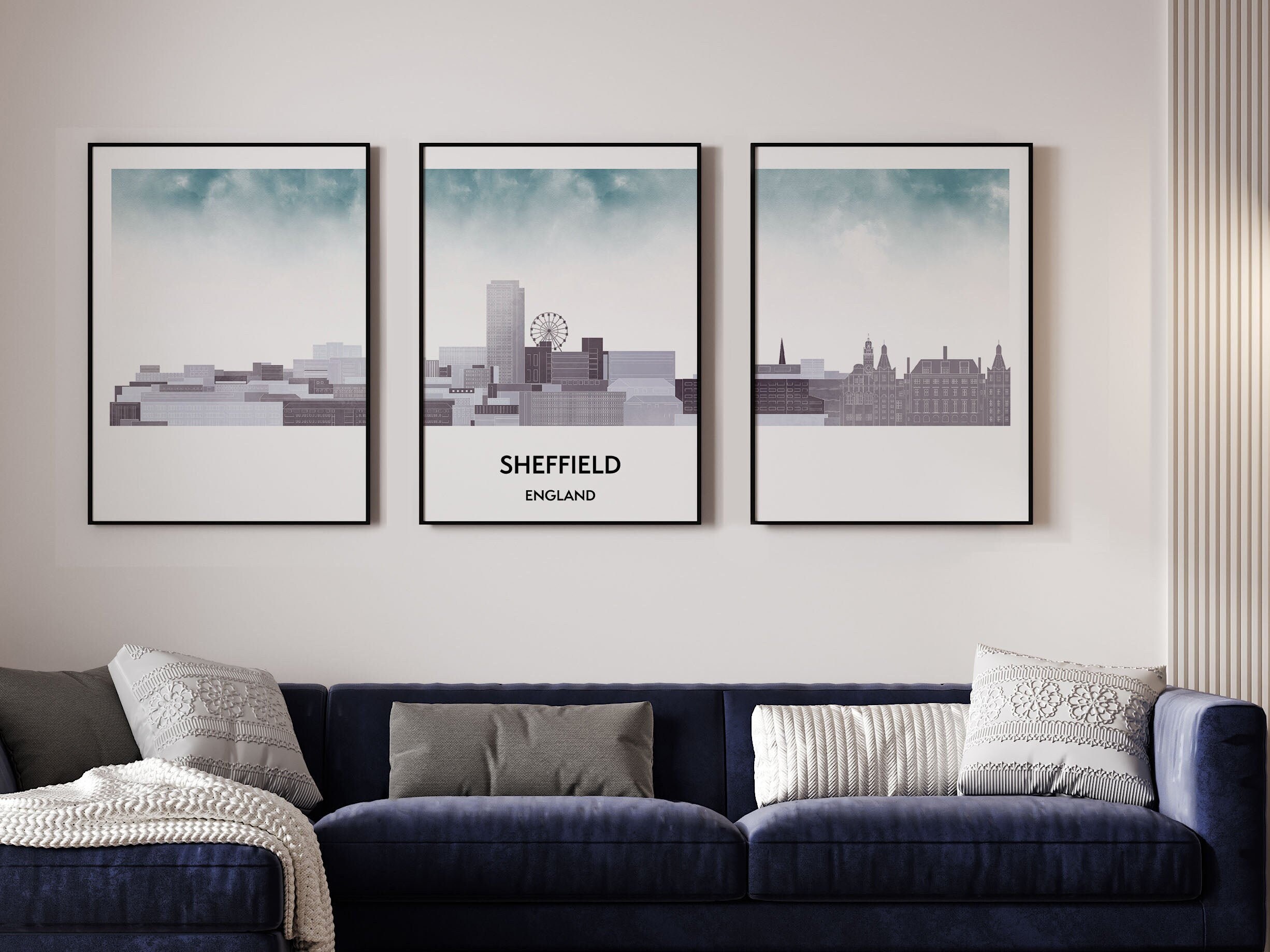 Sheffield Watercolor Skyline Triptych Set of 3 Prints, Sheffield UK ...