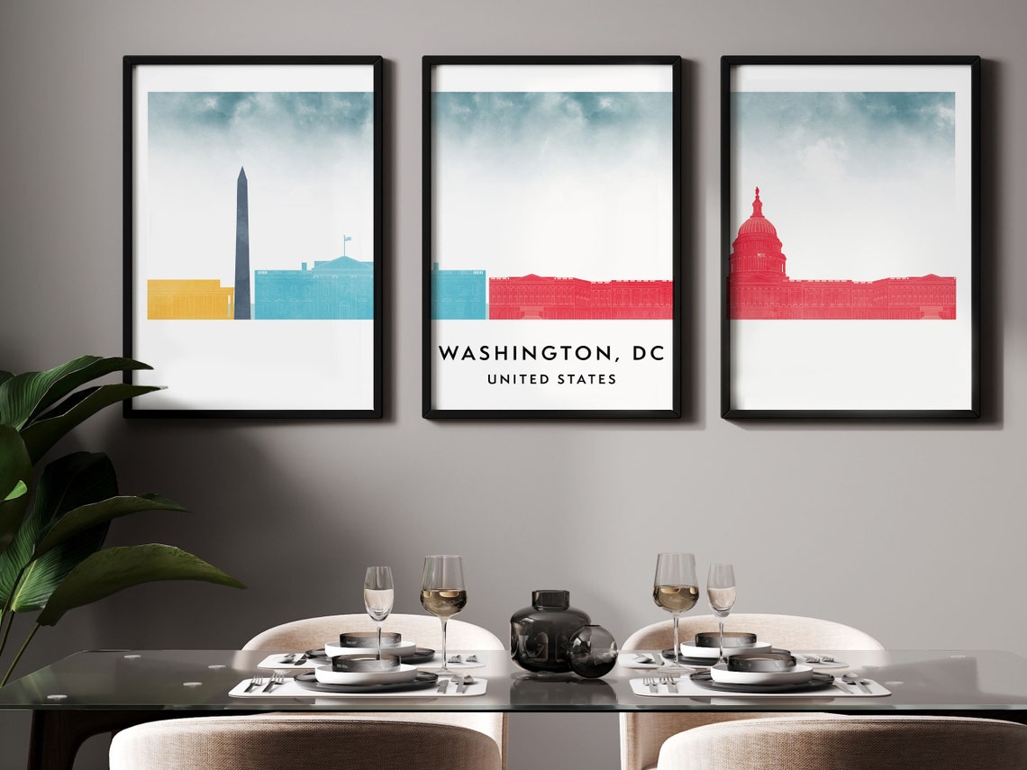 Washington DC Watercolor Skyline Triptych Set of 3 Prints, Washington ...