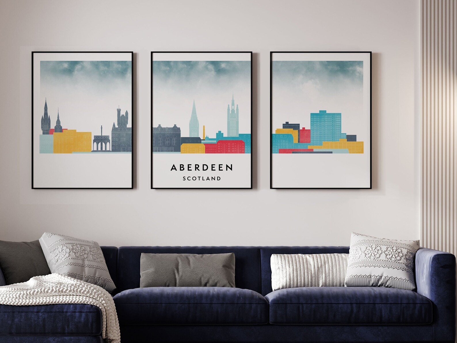 Aberdeen Watercolor Skyline Triptych Set of 3 Prints, Aberdeen Scotland ...