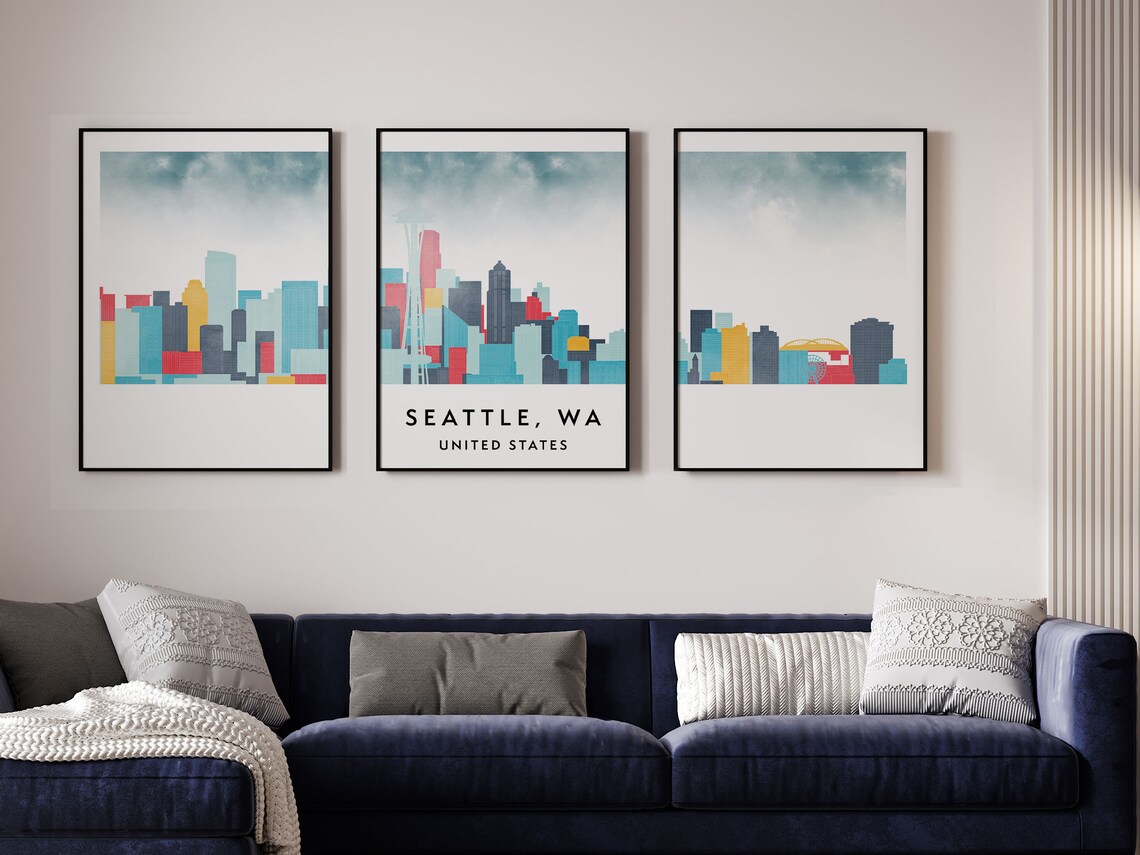 Seattle WA Watercolor Skyline Triptych, Set of 3 Prints, City Map ...