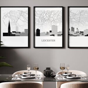 Leicester Triptych, Leicester Skyline With a Map, Leicester Poster ...