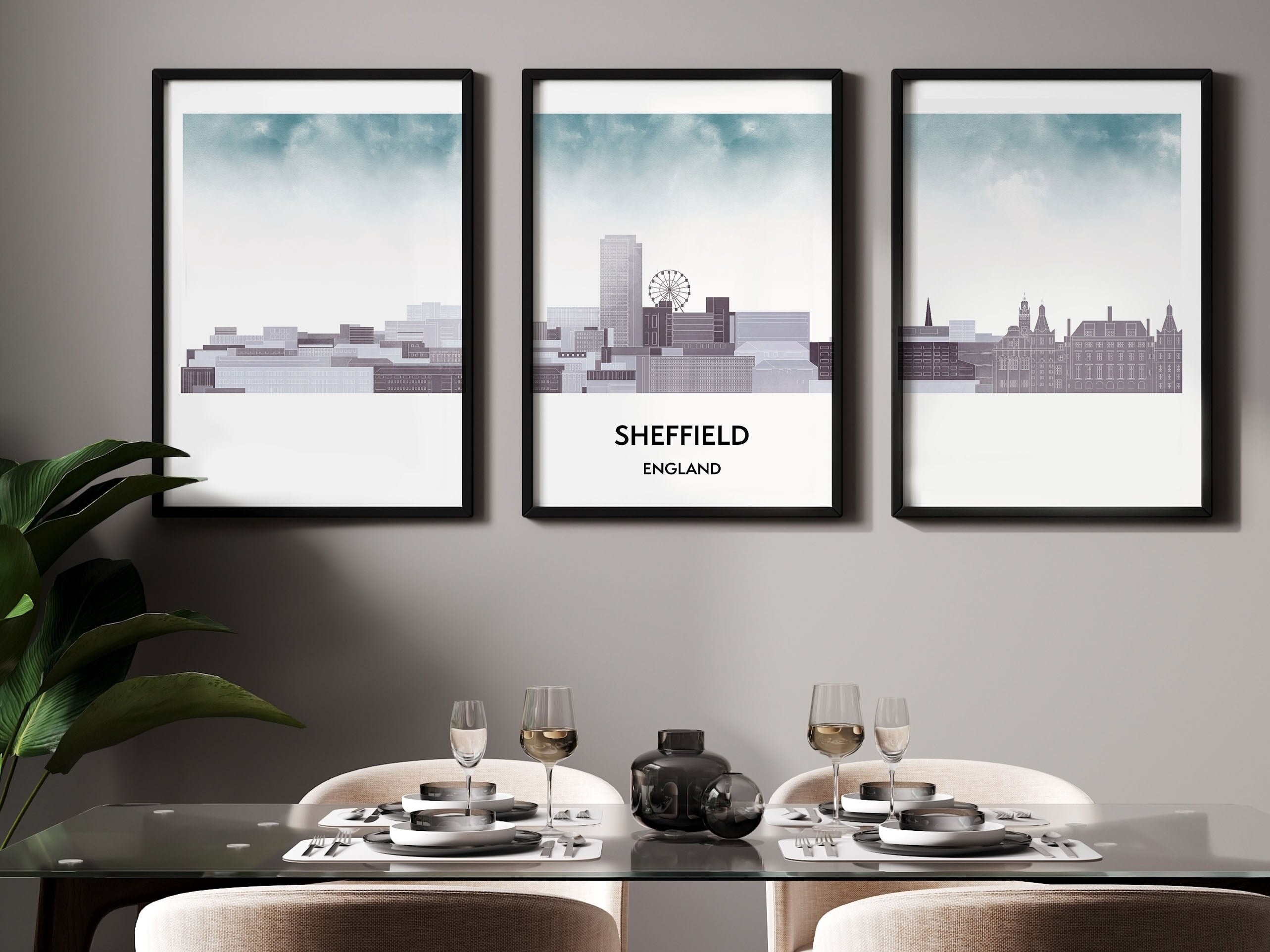 Sheffield Watercolor Skyline Triptych Set of 3 Prints, Sheffield UK ...