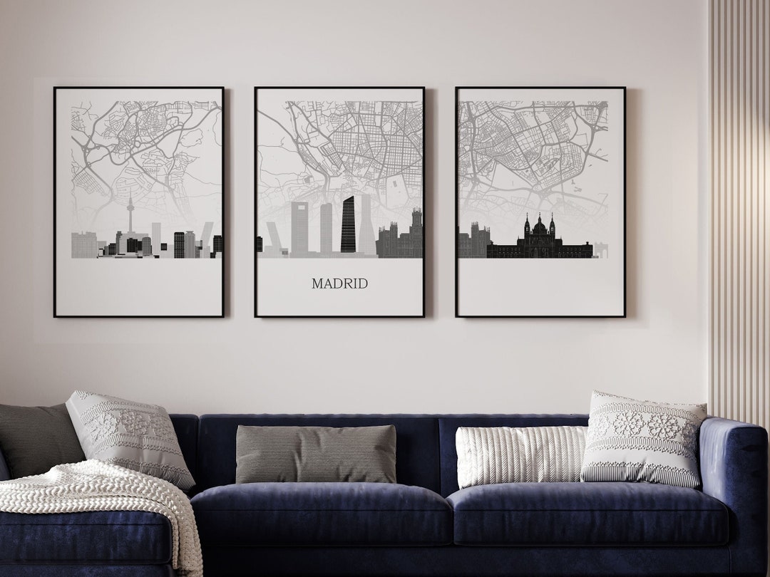Madrid Triptych, Madrid Skyline With a Map, Madrid Poster, Different Colors Available - Etsy