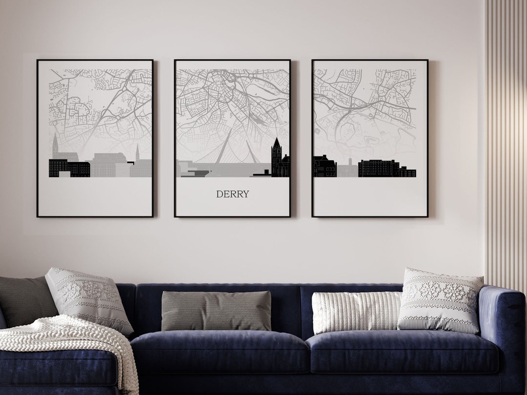 Derry Skyline Triptych Set of 3 Prints, Derry Northern Ireland City Map ...