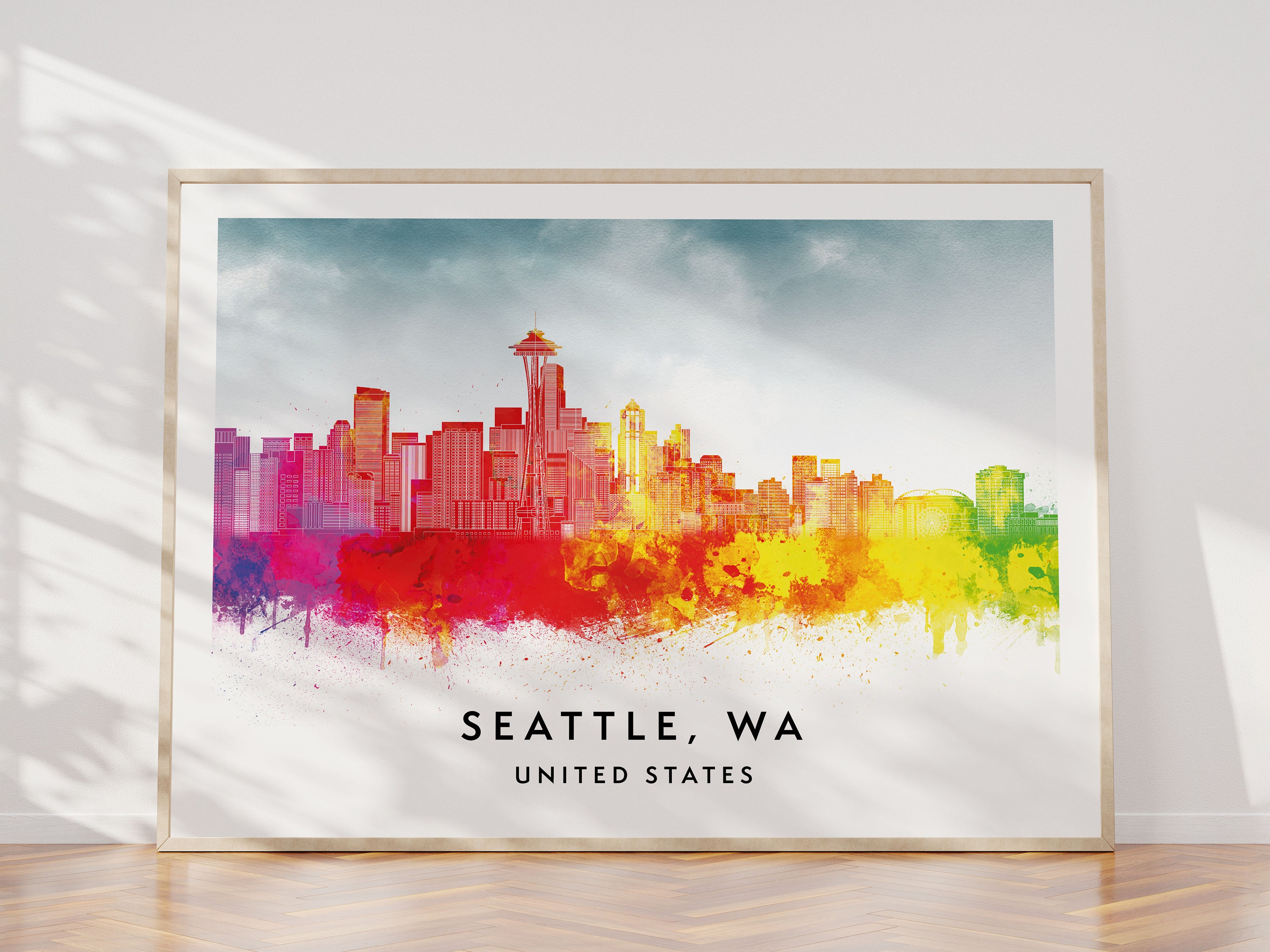 Seattle Skylines Poster, Watercolor Style Skylines Poster, Usa Skylines ...
