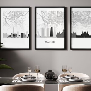 Madrid Triptych, Madrid Skyline With a Map, Madrid Poster, Different Colors Available - Etsy