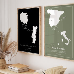 Personalised Map Poster, Love Map, Two Countries Map, Customisable Map Art, Family Gift Art ...